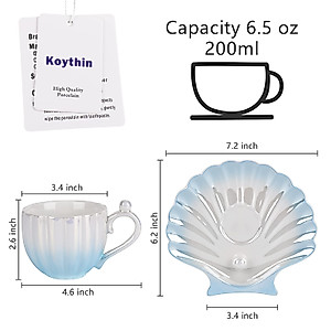 Koythin Ceramic Coffee Mug with Saucer, Creative Pearl Shell Cup, Cute Coffee Mugs for Office and Home, 6.5 oz/200 ml for Tea Latte Milk (Gradient Blue)