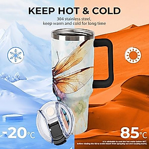 40 Oz Vacuum Tumbler with Black Handle Leakproof Insulated Tumbler Dragonfly Watercolor Painting Stainless Steel Travel Mug with Lid And Straw Coffee Cup Cute Water Bottles Cup Holder Friendly