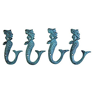 Aqua Blue Cast Iron Mermaid Wall Hook 5 3/4 Inch (Set of 4)
