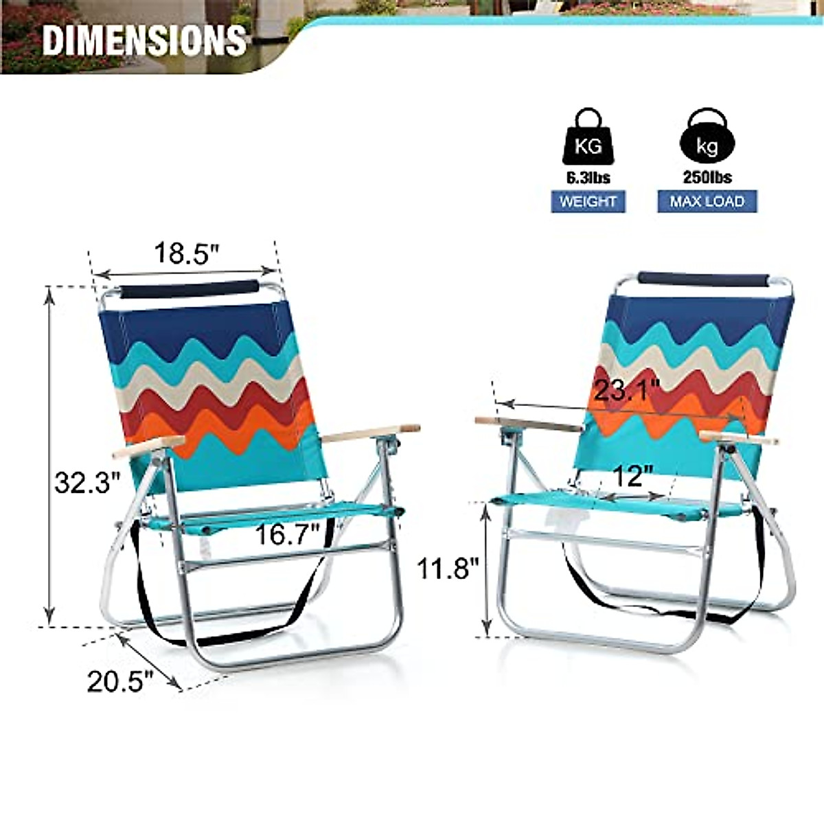 GREEN PARTY Beach Chair 2 Pack Aluminum Lightweight Folding Reclining Beach Chair with 3 Positions, Cooler Bag, and Wooden Armrest for Outdoor Camping Lawn, Support 250LBS, Blue
