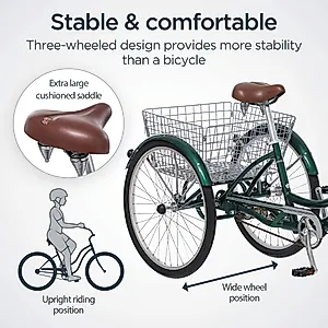 Schwinn Meridian Adult Tricycle Bike, Mens and Womens Three Wheel Beach Cruiser, 26-Inch Wheels, Low Step-Through Frame, Wide Seat, Rear Folding Basket, 1-Speed, Green