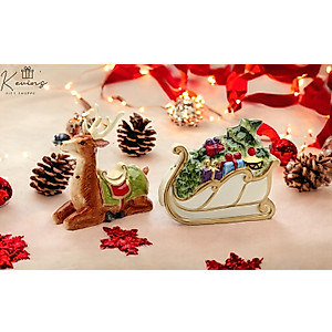 Fine Ceramic Reindeer with Sled Sleigh with Christmas Tree and Gifts Salt and Pepper Shakers Set 4" H