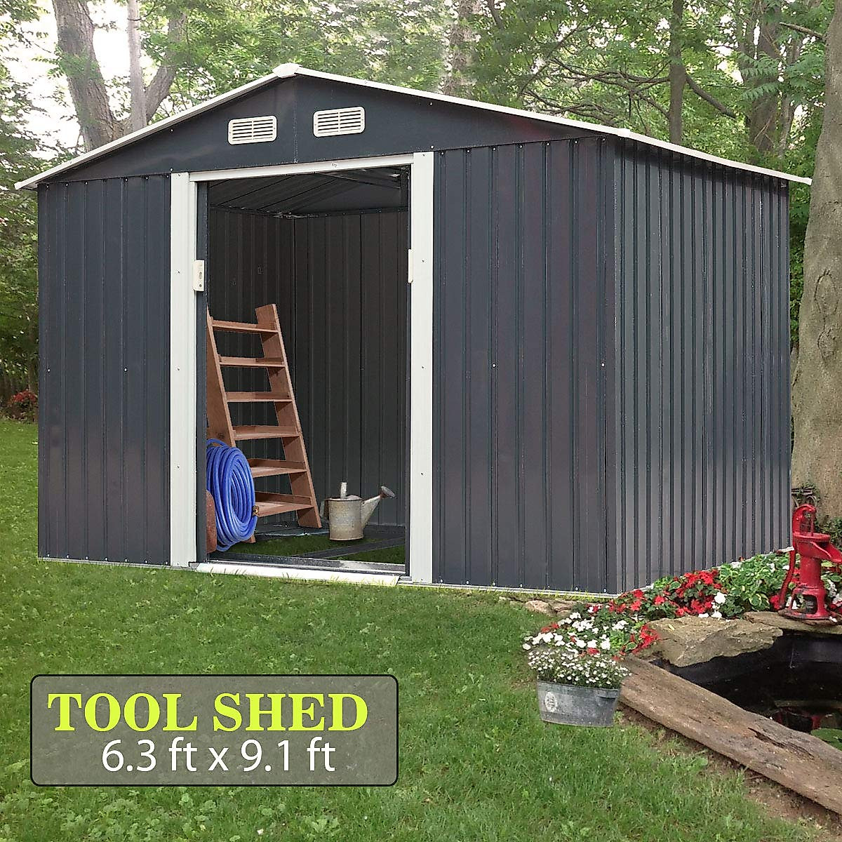 BWM.Co 6.3' x 9.1' Large Outdoor Backyard Storage Sturdy Garden Tool Shed Utility Lawn Building Organizer w/Gable Roof, Lockable Sliding Door, 4 Vents, Stable Base - Dark Grey