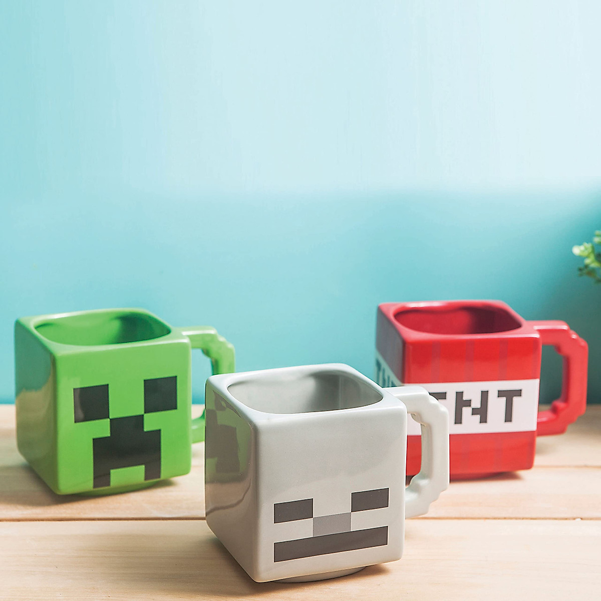 Zak Designs Minecraft Mug Unique 3D Sculpted Ceramic Coffee Cup 3 Piece Set, Collectible Keepsake Square Coffee Mugs (21oz, Creeper & Skeleton & TNT)