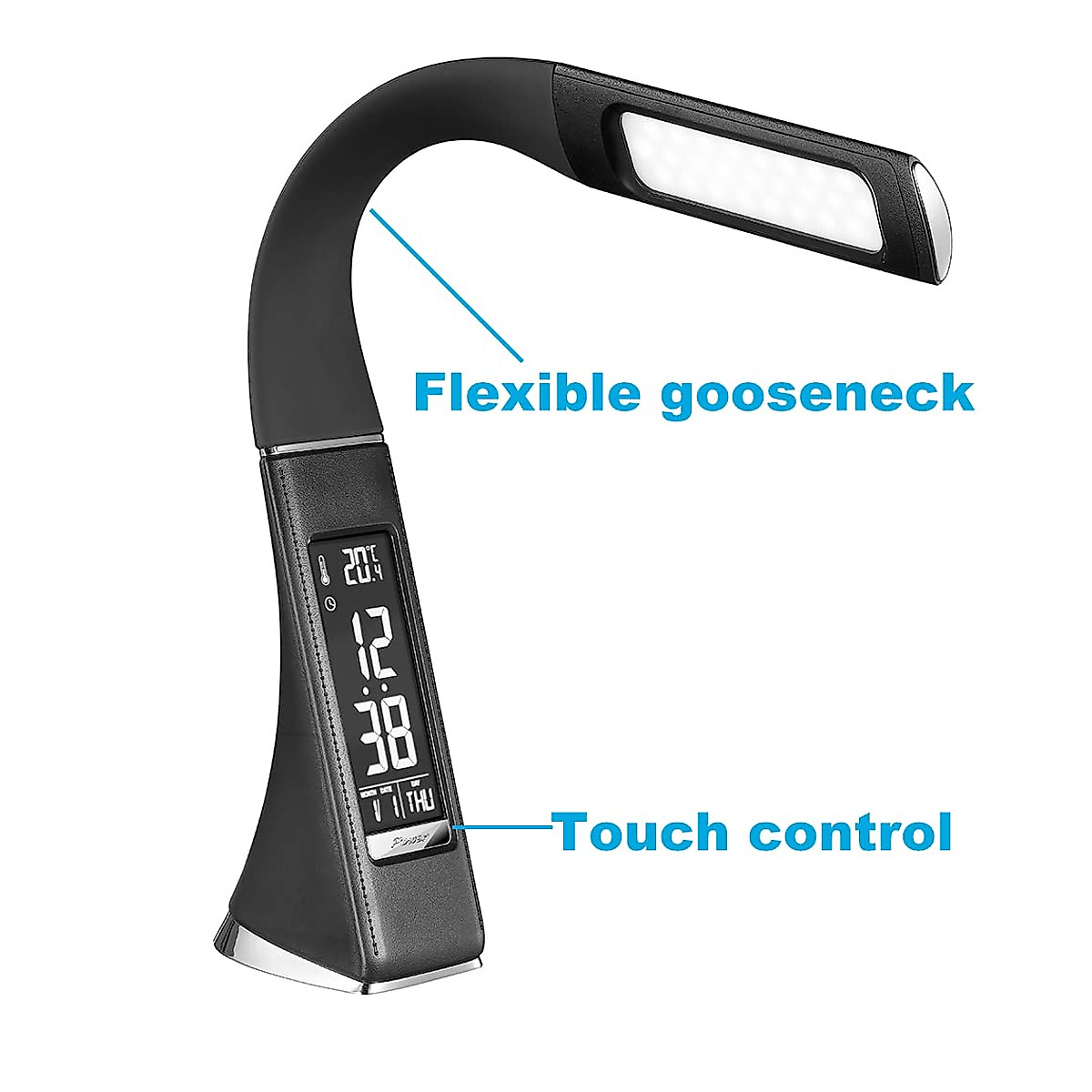 LED Desk Lamp Flexible Gooseneck with Clock Calendar and Temperature,Office Gift Ideas,Touch Dimmable Table Lamp with 3 Levels Brightness,Modern Light for Home Office and Dorm-Black (YF-U2)