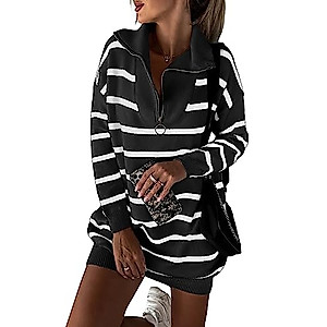 Sidefeel Women's Casual Striped Sweater Dress Fall Winter 2023 Half Zip V Neck Knitted Loose Mini Dress Long Sleeve Pullover Jumper Sweaters Black Large