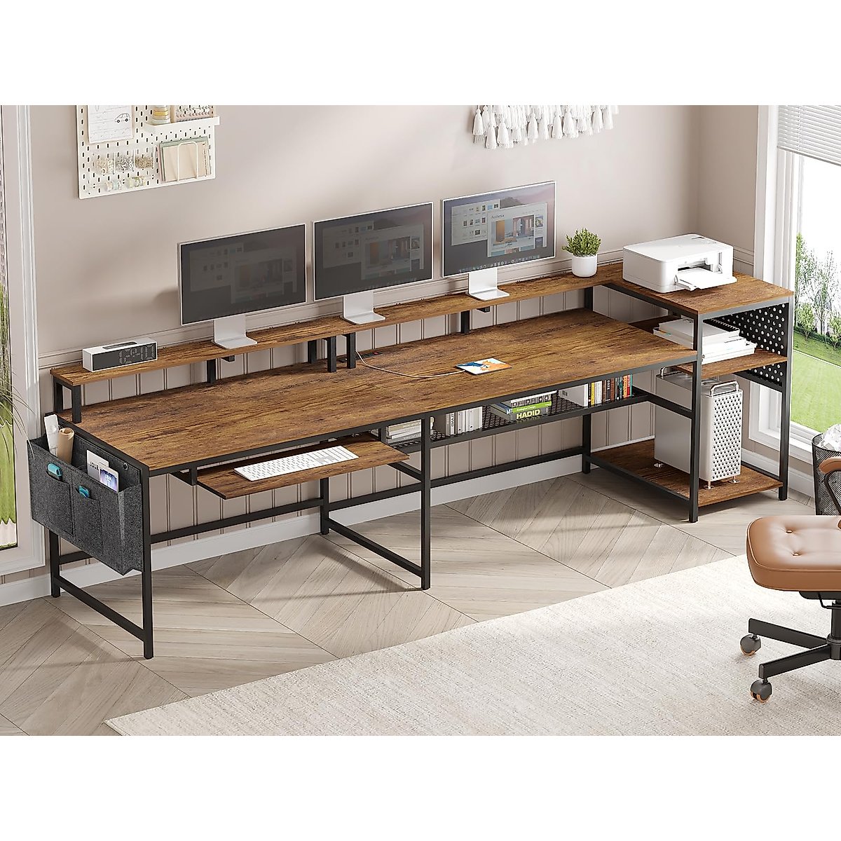 SEDETA L Shaped Computer Desk, Reversible Computer Desk, L Shaped Desk with Power Outlets & LED Strip, Monitor Shelf, Keyboard Tray, Pegboard and Storage Shelves for Home Office, Rustic Brown