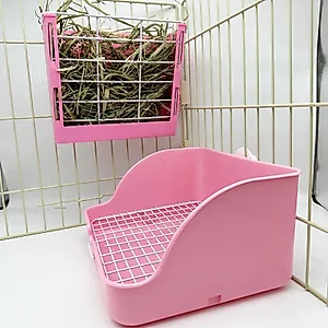 WEWAYKGJ Rabbit Litter Box Bunny Potty Box Guinea Pig Hay Rack Feeder Rabbits Corner Litter Pan Potty Trainer Pet Toilet with Cleaning Set for Hamster, Guinea Pig, Ferret and Other Animals (Pink)