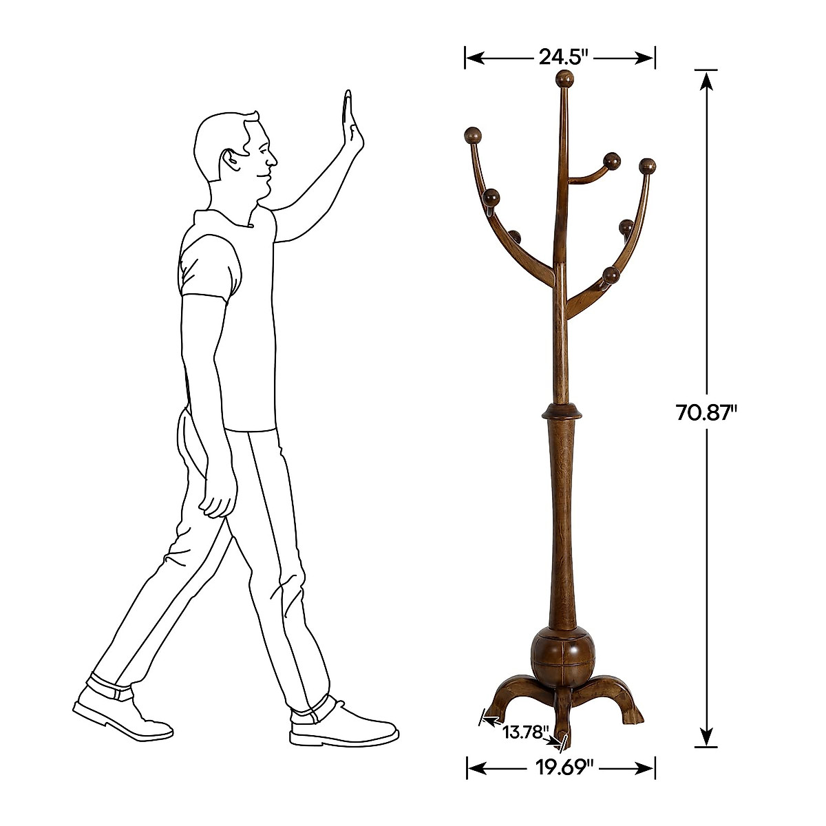 Coat Rack Freestanding Wood Coat Tree Rack with 8 Hooks, Creative Design Tree Branch-look, Standing Coat Rack Clothes Hanger Stand with Stury Base for Entryway, Hallway, Bedroom - Load 160lb (Walnut)