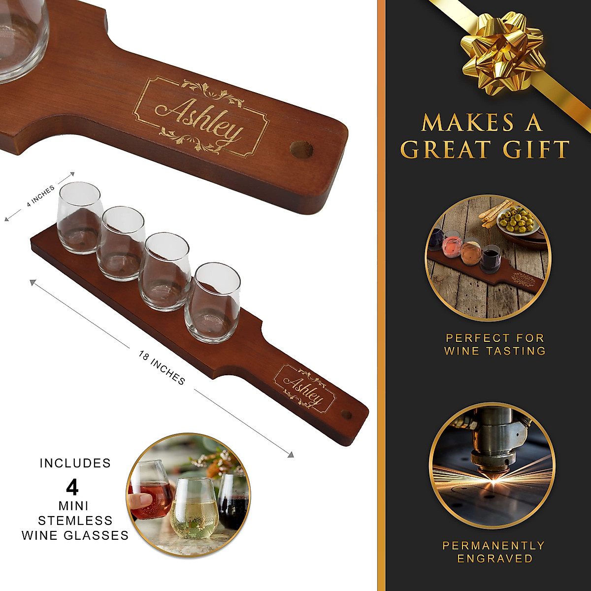 Custom Personalized Wine Tasting Flight Sampler Serving Set with 4 Glasses - Engraved Gift for Mom, Dad, Her, Him (Red/Brown Finish)