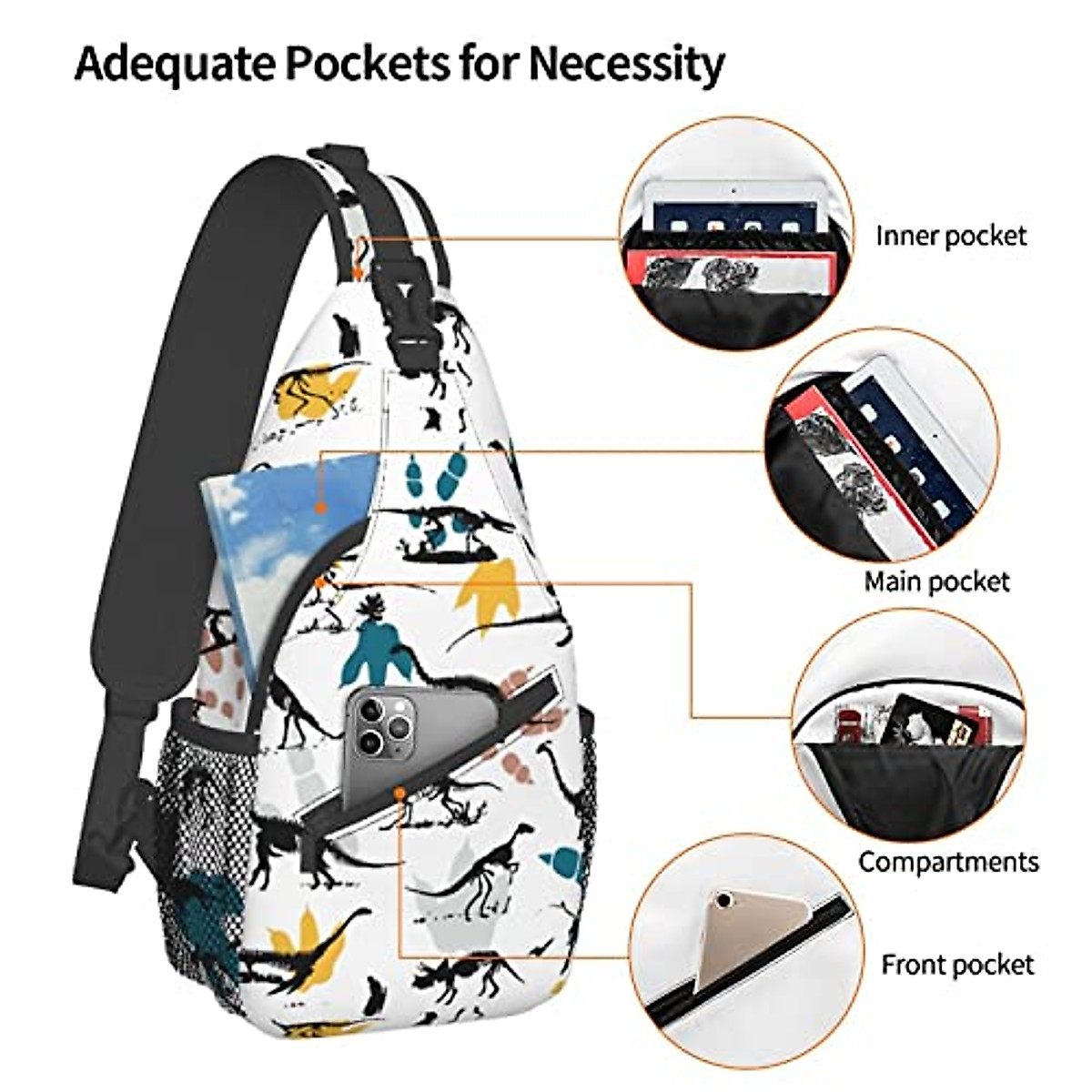 Luirioe Dinosaur White Sling Bag Crossbody Backpack Hiking Travel Daypack Chest Bag Lightweight Shoulder Bag For Women Men