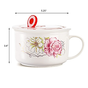 Frcctre 2 Pack Microwavable Ceramic Noodle Bowl Set with Lid and Handle, 27 Oz Ceramic Soup Bowl Set for Instant Noodle, Ramen, Soup, Cereals, Oat, Fruits, Snacks, Rose Pattern