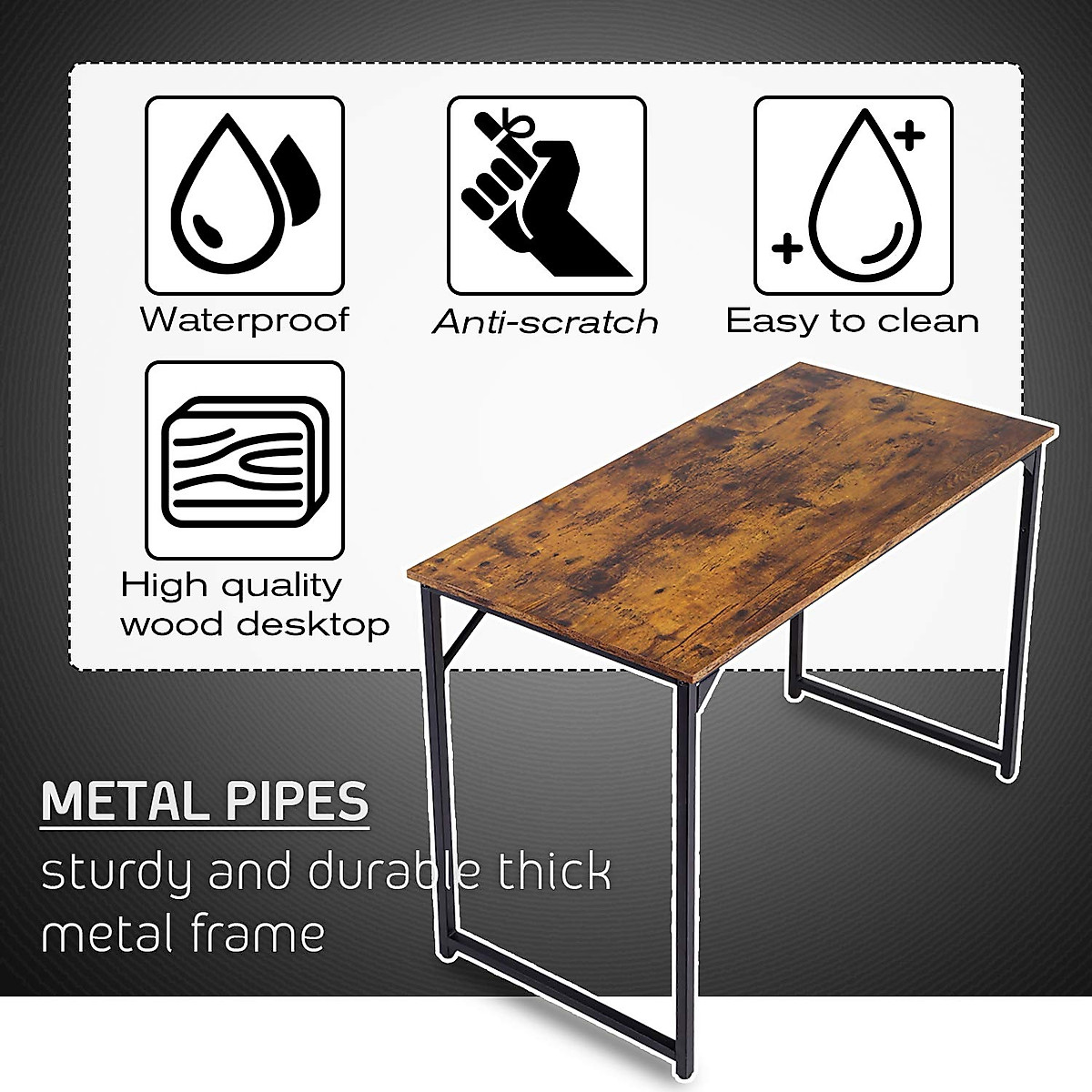 HCB Computer Desk 39inch Home Office Desk Writing Study Table Modern Simple Style PC Desk with Black Metal Frame(Brown),39x20x29inch