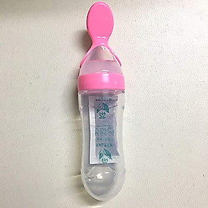 Silicone Squeeze Bottle Spoon Baby Feeding Cereal, Rice, Supplement with Dispensing Feeder, Food Dispensing Spoon, Infant Newborn Toddler Food Supplement Set- 90ml Pink