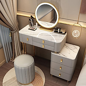 Winfree Makeup Vanity Table with 5 Solid Wood Drawers and Vanity Chair, 3 Color Light Adjustable Brightness, Including LED Makeup Mirror,for Family Bedroom, for Her (31.5“)