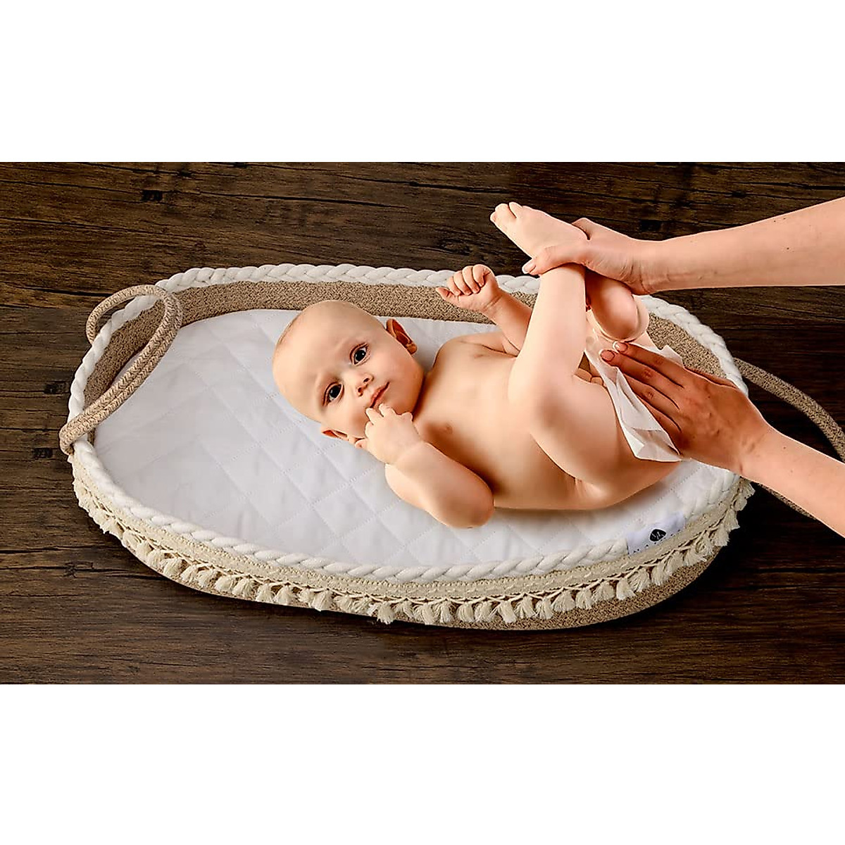 Maidek Baby Changing Basket - Handmade Woven Cotton Rope Moses Basket - Changing Table Topper with Mattress Pad, Removable Cover, Soft Blanket, Furniture - 29x16x4.7"