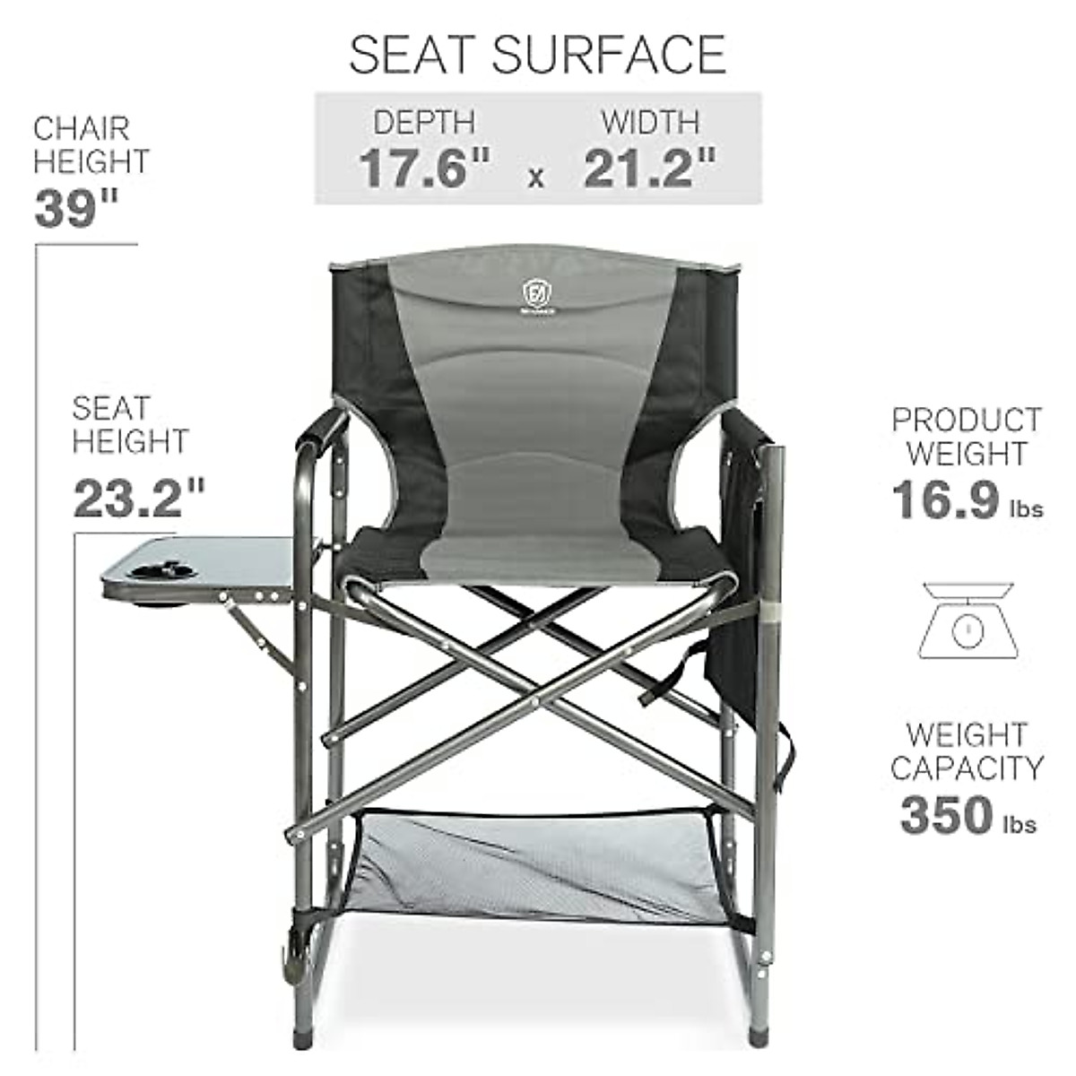 EVER ADVANCED Medium Tall Directors Chair Foldable Makeup Artist Chair Bar Height with Side Table Cup Holder and Storage Bag Footrest, Supports 350LBS (Grey, Seat Height: 23.2 inches)