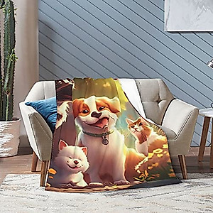 Happy Cat and Dog in The Morning Flannel Fleece Blanket - Cute Cartoon Pet Pattern, Soft and Comfortable, Suitable for Sofa and Bed, Easy to Clean, 40"x50"