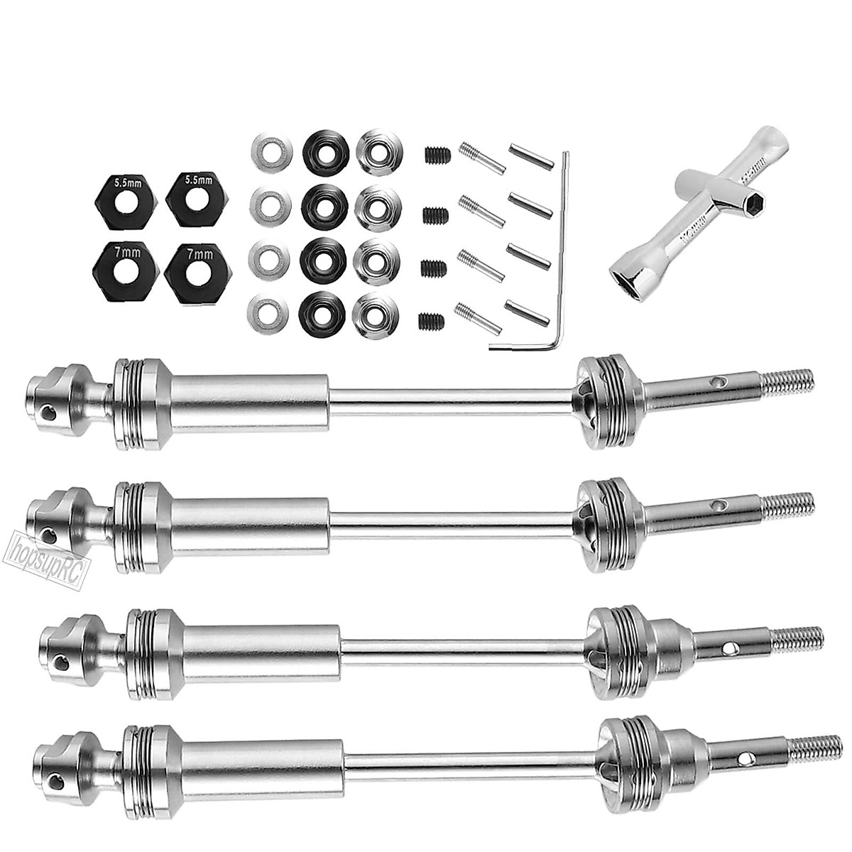 hopsupRC #45 Steel Drive Shaft CVD Upgrades for 1/10 Slash VXL 4X4,Rustler VXL 4X4,Stampede VXL 4X4,Hoss VXL 4X4 4WD,Stainless Front Rear Driveshaft Axles with Hex Hops up,Silver