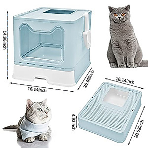 Panghuhu88 Foldable Cat Litter Box with Lid, Large Top Entry Cat Toilet, Enclosed Cat Potty Include Cat Litter Scoop, Drawer Type Easy Clean Cat Litter Pan (Blue, 20" L x 16" W x 15" H)