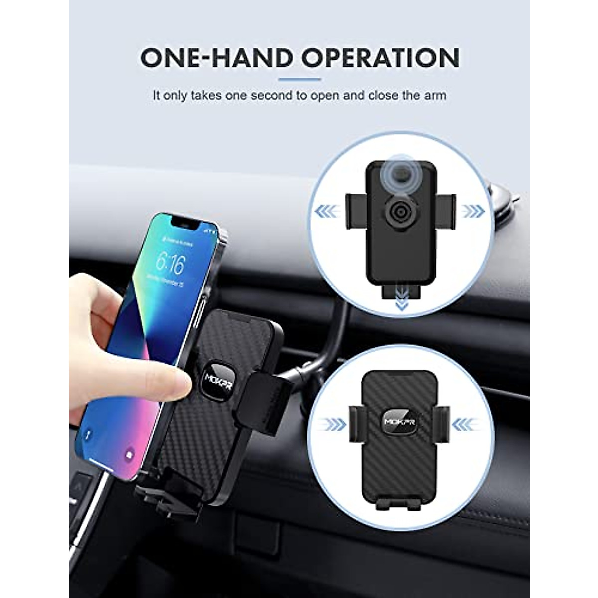 MOKPR Cell Phone Mount for Car, Car Phone Holder with Long Arm Dashboard Anti-Shake Stabilizer Phone Holder Compatible with iPhone, Android Phone etc