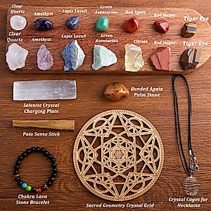Crystals and Healing Stones, Healing Crystals for Beginners Set Gifts for Mothers Day, Include 7 Chakra Stones, 7 Tumbled Stones, Bracelet, Necklace, Selenite, Palo Santo for Positive Energy