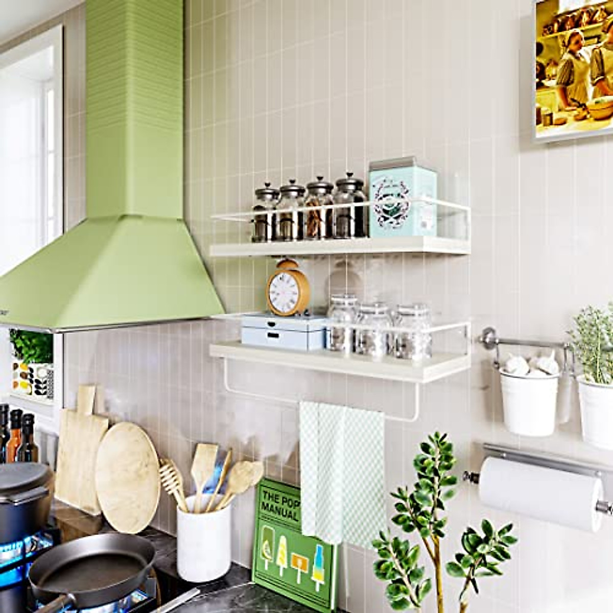 Shario Floating Shelves - Set of 2, Wall Mounted Hanging Shelves with White Towel Rack, Decorative Storage Shelves for Bathroom, Kitchen, Living Room & Bedroom (Rustic White)