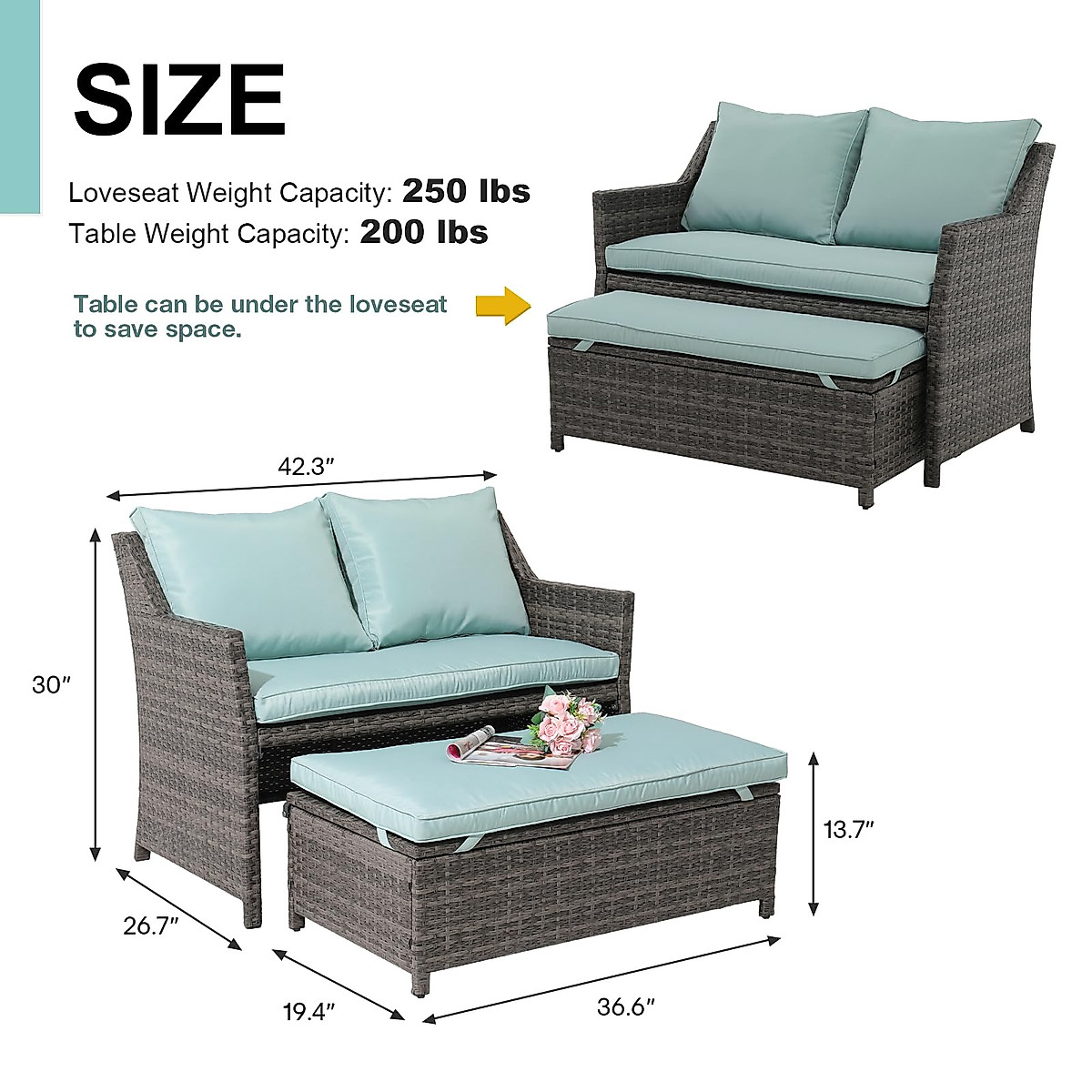 OC Orange-Casual 2-Piece Outdoor Patio Furniture Wicker Love-seat and Coffee Table Set, with Built-in Storage Bin, Grey Rattan, Green Cushions