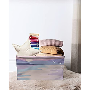 Landscape Storage Bins for Organizing, Decorative Large Closet Organizers with Handles Cubes - 1 Pack Fabric Baskets for Shelves, Closets, Laundry, Nursery, Ocean Sunset Scenery Modern Art Purple