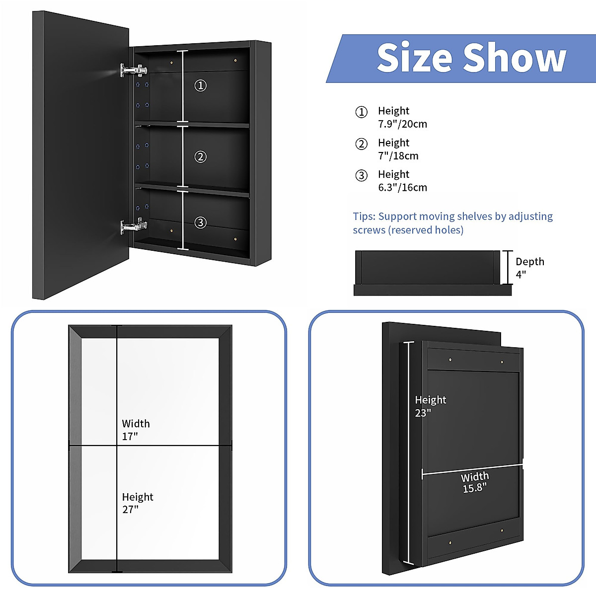 AGDULL Retro-Style Medicine Cabinet with 17’’x27’’ Solid Wood Mirror Frame, Bathroom Recessed Wall Cabinet, Living Room Wood Storage Cabinet, Black