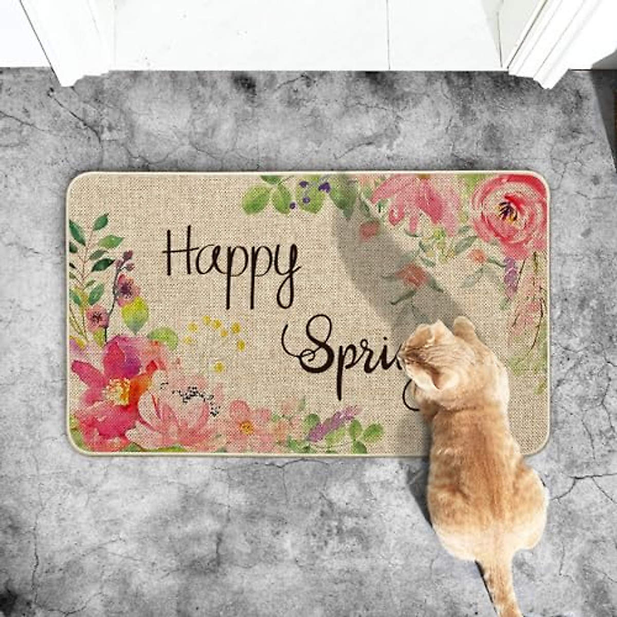 Artoid Mode Peony Flowers Happy Spring Doormat, Seasonal Home Decor Holiday Low-Profile Floor Mat Switch Mat for Indoor Outdoor 17 x 29 Inch