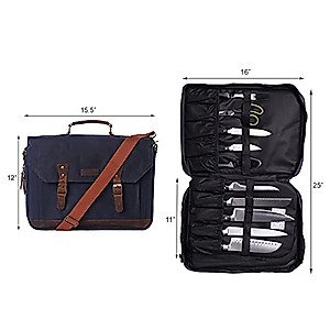 Chef Messenger Knife Bag | Waxed Canvas Chef Knife Bag | Waterproof Material | Chefs Case with 24+ Pockets for Knives & Utensils | Culinary Gifts For Chefs & Students | Sturdy Travel Chef Bag (Blue)