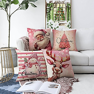 GAGEC Christmas Pillow Covers 18x18 Inch Set of 4 Santa Claus Christmas Tree Throw Pillow Covers Red Nose Reindeer Xmas Winter Pillowcase Home Decor Living Room Decorative Cushion Case for Sofa