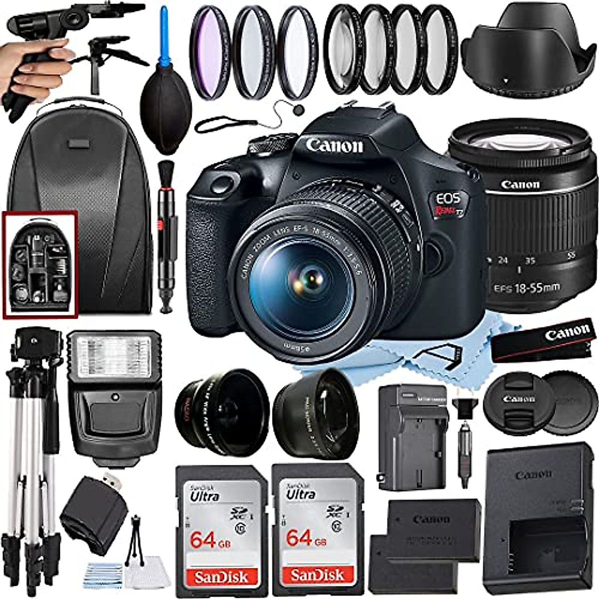 Canon EOS Rebel T7 DSLR Camera 24.1MP with EF-S 18-55mm Lens + A-Cell Accessory Bundle Includes: 2 Pack SanDisk 64GB Memory Card + Backpack + Slave Flash + Much More 64GB Card (Renewed)