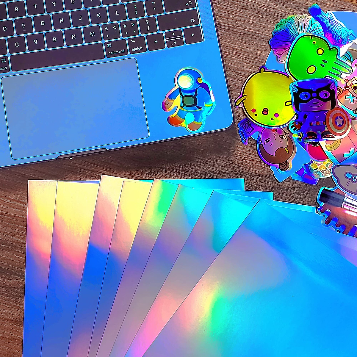 30 Sheets Holographic Printable Sticker Paper 8.25 x 11.7 inch Waterproof Sticker Paper Rainbow Vinyl Sticker Paper for Inkjet/Laser Printer