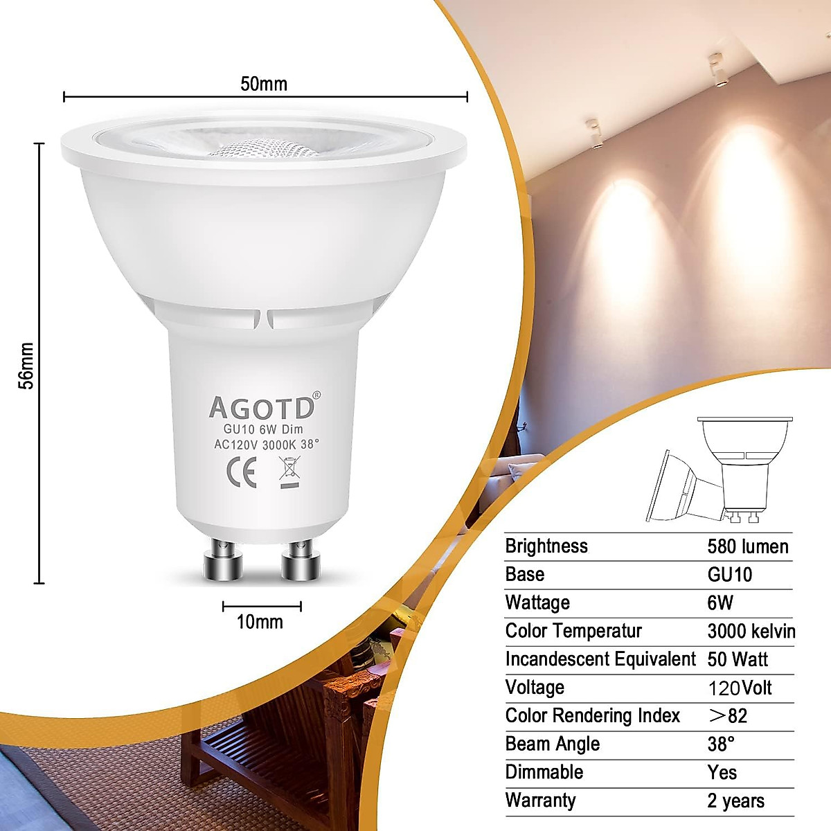 AGOTD GU10 6W Dimmable LED Light Bulbs,50W 60W Halogen Bulb Equivalent, 120 Volt, Soft White 3000K 500lm Recessed Lighting, 38° Beam Angle Spotlight, 6 Pack