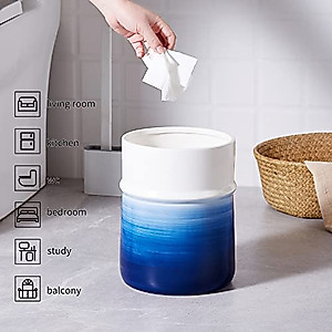 Decorative Round Small Trash Can Wastebasket, Garbage Container Bin for Bathrooms, Powder Rooms, Kitchens, Home Offices-Hand Painted Navy Blue，Ceramic