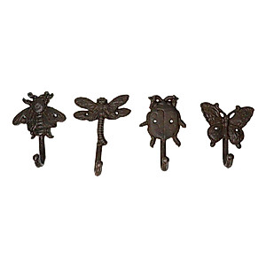 Ebros Set of 4 Cast Iron Vintage Rustic Fancy Bugs Bee Ladybug Butterfly and Dragonfly Wall Hooks Plaque Countryside Western Vintage Cottage Home Or Office Organization