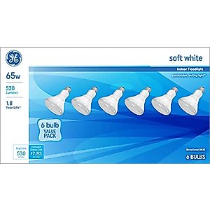 GE Incandescent Flood Light Bulbs, BR30 Flood Lights, 65-Watt, 615 Lumen, Medium Base, Soft White, 6-Pack, Indoor Flood Light Bulbs, Recessed Light Bulbs for Indoors