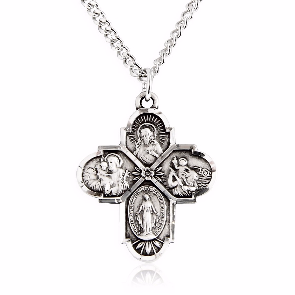 Heartland Store 4 Way Cross .925 Sterling Silver Pendant + 24 Inch Rhodium Plated Chain & Clasp