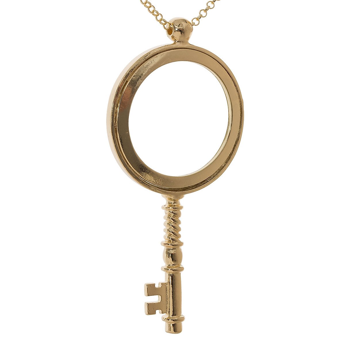 Antique Key 4x Magnifying Glass Pendant Necklace with 30" Chain (Gold Tone)