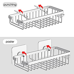 Linkidea Wall Mounted Shower Caddy Shelf with Hooks and Soap Holder, Aluminum Adhesive Shower Organizer Rack, No Drilling Shower Basket for Bathroom (Silver)