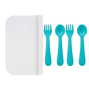 Lollaland 5 Piece Plastic Toddler Silverware Spoon and Fork Utensil Set - Reusable Toddler Cutlery with Hygienic Travel Pouch (Turquoise)