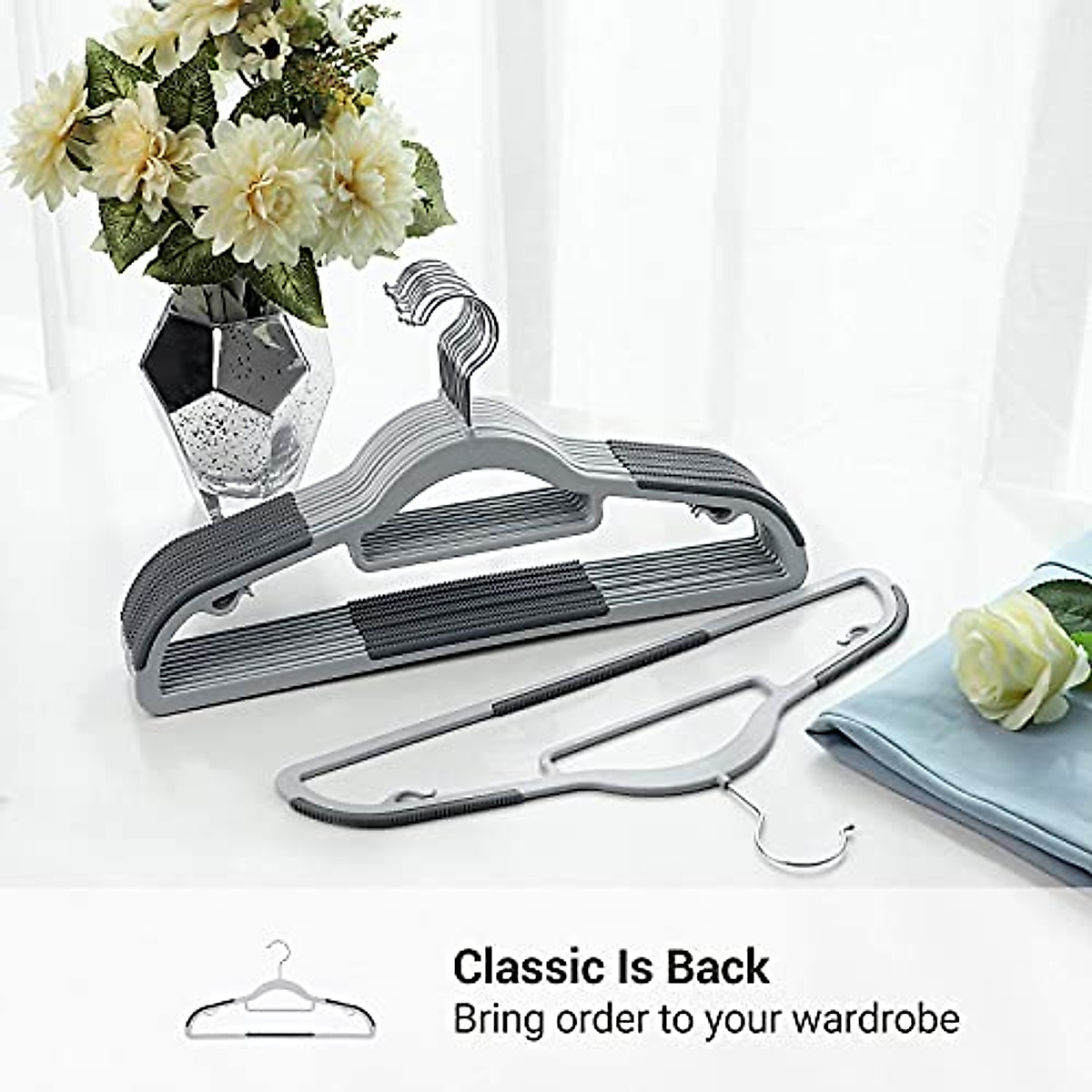 SONGMICS 50-Pack Clothes Hangers and 3-Pack Pants Hangers Bundle, Non-Slip Hangers, Space-Saving Closet Organization, 360 Degree Swivel Hook, Heavy Duty, Gray and Black UCRP20G50 and UCRI041BK