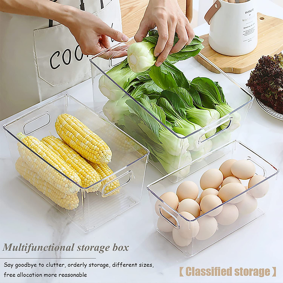 ACIGI Fridge Kitchen refrigerator organizer bins box - Clear Food Storage Baskets for Kitchen, Fridge, Freezer, Cabinets, Countertops, Bedrooms, Stackable Plastic Household Containers, Transparent