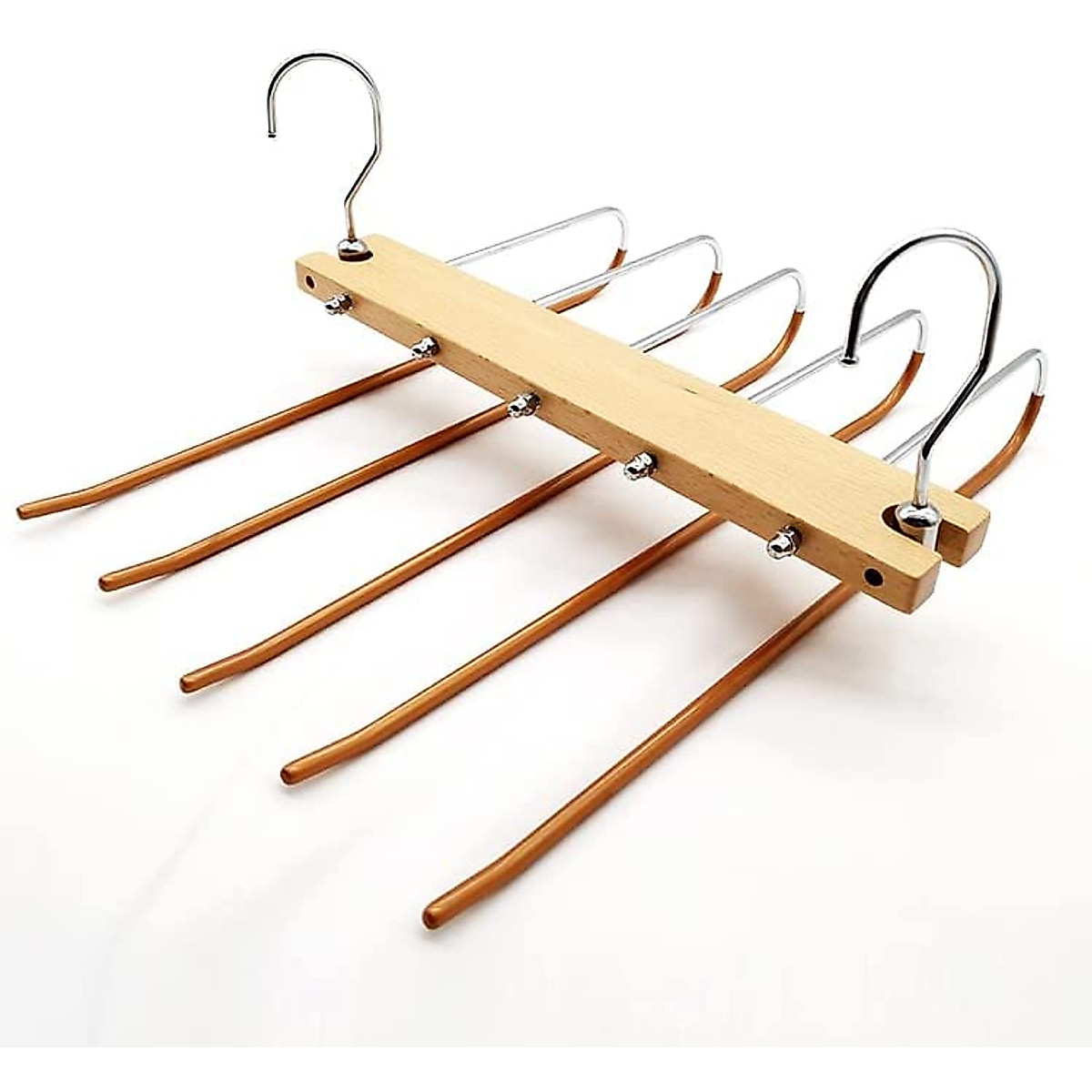 Uniworld Beech Wooden Pants Hangers Space Saver - Trouser Hanger, Space-Saving Multiple 5-in-1 Stainless Steel Extendible, Foldable Multi Magic Wardrobe Clothes Hanger Holder, Standard (Pack of 1)