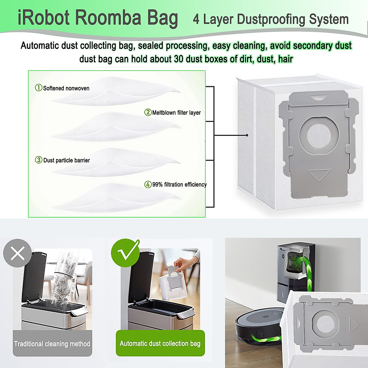 CauYien 26 Pack Replacement Parts accessories for iRobot Roomba i3 i3+ i4 i6 i6+ i7 i7+ E5 E6 E7 j7 I & E j Series Vacuum Cleaner,2 Set Rubber Brushes,8 Vacuum Filters,8 Side Brushes,8 Vacuum Bags