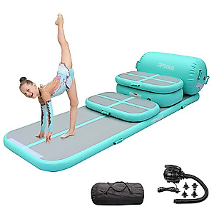 Gymnastics Mat Inflatable Tumbling Mat 4 inches Thickness Air Floor Tumble Air Tumbling Mat Set with Pump for Training Cheerleading Home Use Beach Park and Water Use (Green-5PCS)
