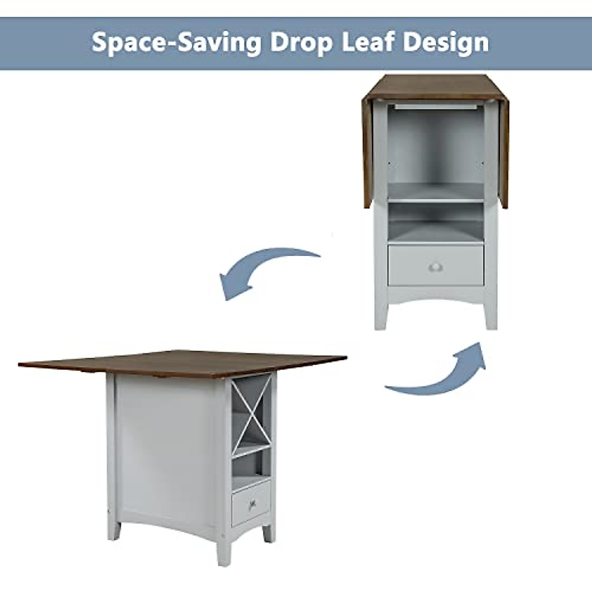 XD Designs Farmhouse 5-Piece Counter Height Dining Table Set, Soild Wood Drop Leaf Kitchen with Wine Rack & Drawers, 4 Chairs Ladder Full Back, Space-Saving (Cherry+Gray)