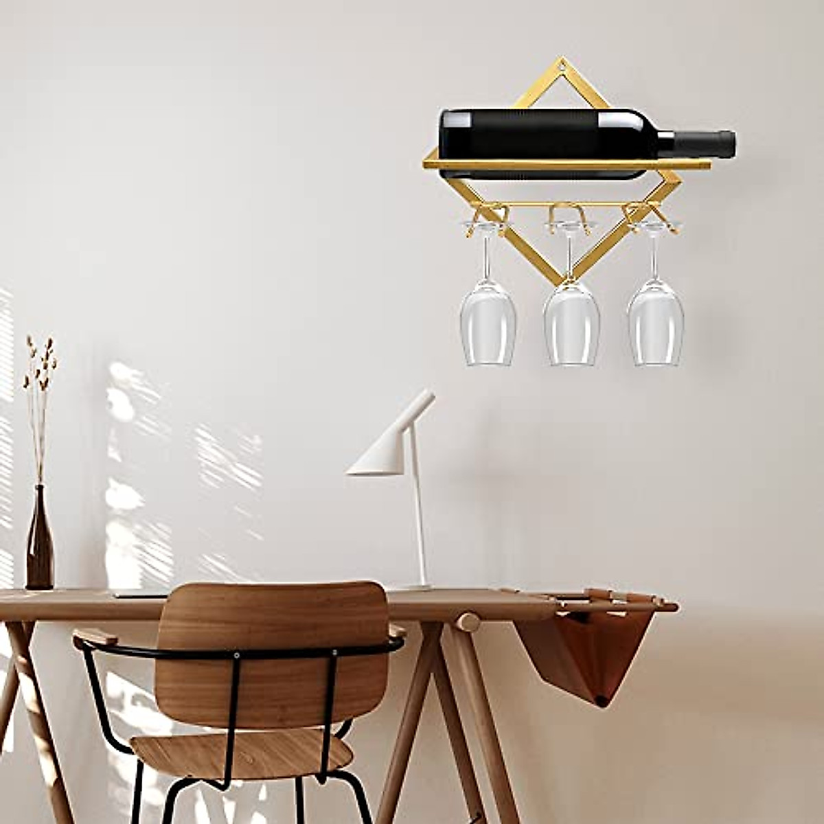 Wall Mounted Wine Rack, Foldable Metal Wine Bottle Racks with 3 Stemware Holders, Hanging Shelf for Home, Kitchen, Bar Wall Decor (Gold)